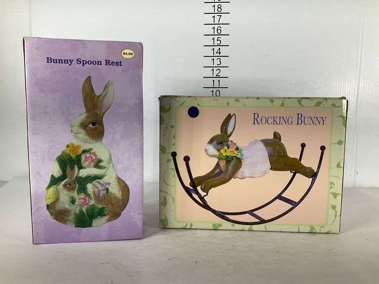 Bunny-Themed Ceramic Spoon Rest and Rocking Bunny Decorative Figurine ...