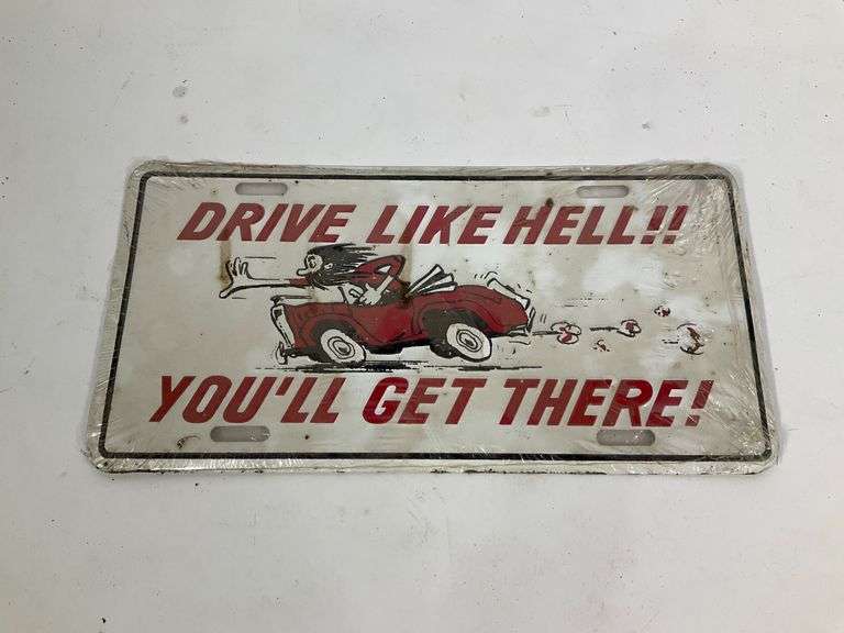 Metal Novelty License Plate Featuring Cartoon Car Design and Phrase ...