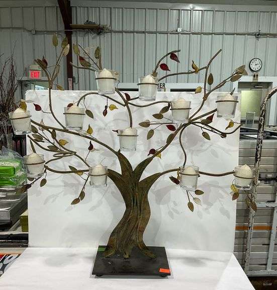 Tree-Shaped Metal Votive Candle Holder With Leaf Motif - Hash Auctions