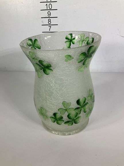 Crackle Glass Vase with Green Shamrock Design - Hash Auctions
