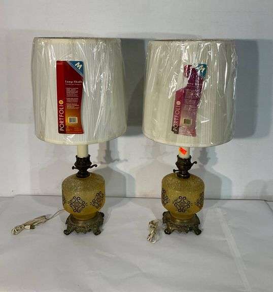 Mid Century Amber Glass Table Lamps with Metal Bases and Portfolio Lamp ...