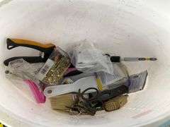 Plastic Pail with Assorted Tools, Hardware, and Fasteners - Hash Auctions