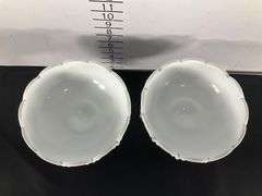 White Glass Compote Bowls with Scalloped and Beaded Edges on Pedestal ...