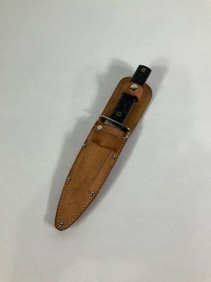 Fixed Blade Knife with Textured Handle and Leather Sheath - Hash Auctions