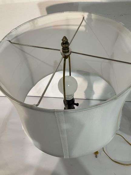 Two Brass-Toned Table Lamps with White Fabric Shades - Hash Auctions