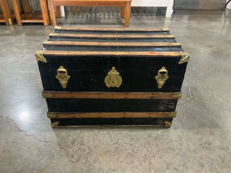Black Trunk With Wood Slats and Brass Hardware, 32″ - Hash Auctions