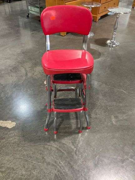 Cosco Chrome and Red Vinyl Step Stool Chair - Hash Auctions