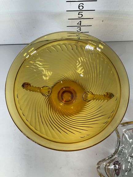 Amber Glass Pedestal Bowl With Handles and Clear Glass Ruffled Bowl ...