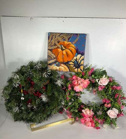 Artificial Wreaths, Canvas Painting, and Metal Wreath Hanger - Hash Auctions