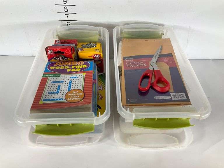 Two Plastic Storage Bins With Assorted Office and Craft Supplies - Hash Auctions
