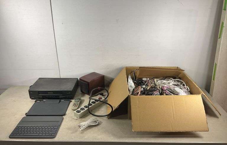 Electronics Including Magnavox VCR, Keyboard Case, and Box of Cables ...