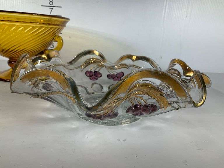 Amber Glass Pedestal Bowl With Handles and Clear Glass Ruffled Bowl ...