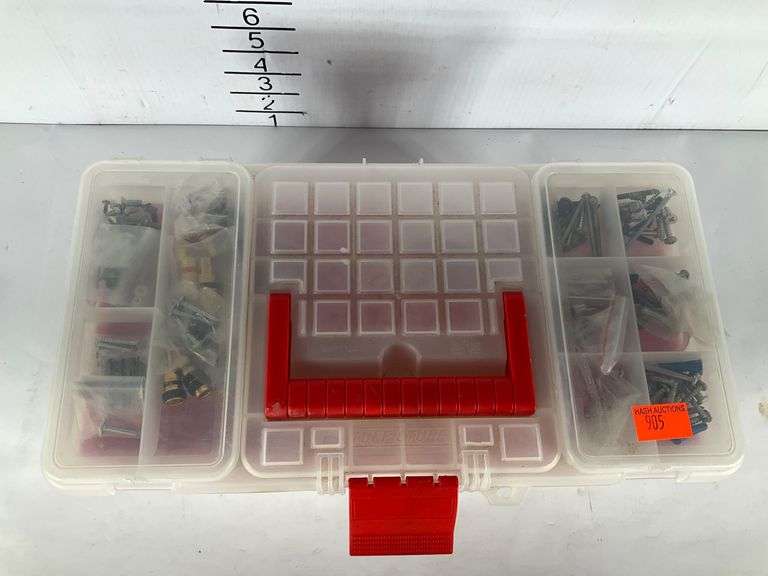 Transparent Plastic Tool Box with Assorted Contents and Red Handle ...