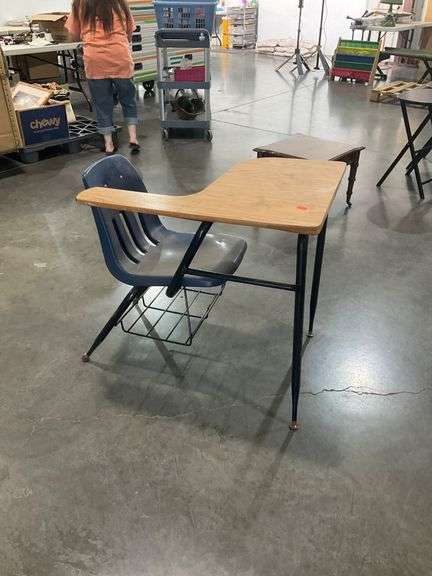 Student Desk with Blue Plastic Chair and Integrated Writing Surface ...