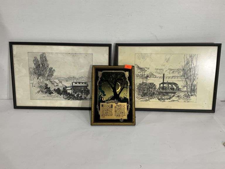 Two Walt Huber Sketch Prints of the Susquehanna River and One Framed ...