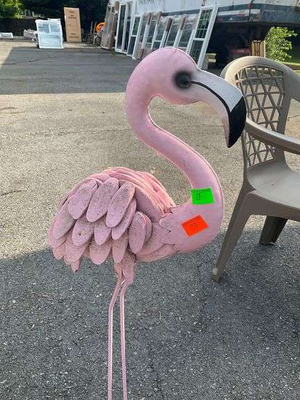 Pink Flamingo Sculpture in Metal and Wood, 34”H - Hash Auctions
