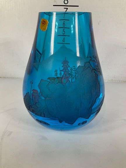 Blue Glass Vase with Scenic Designs and Taiwan Labeling - Hash Auctions