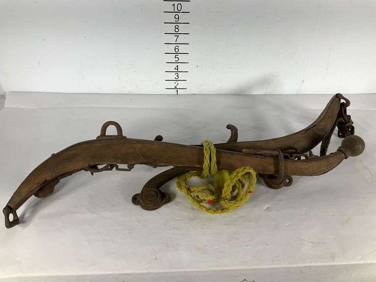 Rustic Metal and Wood Horse Yoke with Yellow Rope - Hash Auctions