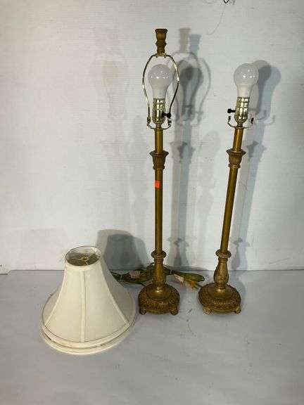 Brass Table Lamps with Decorative Bases and Two Fabric Lampshades ...