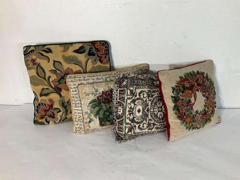 Four Decorative Tapestry Throw Pillows with Various Designs - Hash Auctions