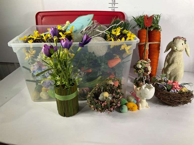 Easter and Spring-Themed Decorative Lot in Clear Plastic Storage Bin ...