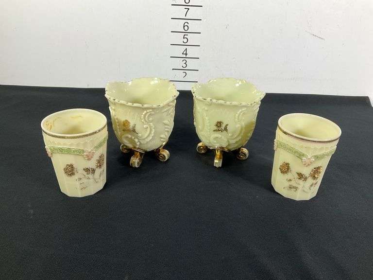 Four Cream-Colored Glass Containers with Gilded Accents and Floral ...