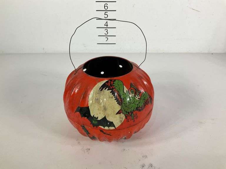 Red Tin Halloween Pumpkin Bucket with Owl and Bat Graphics - Hash Auctions