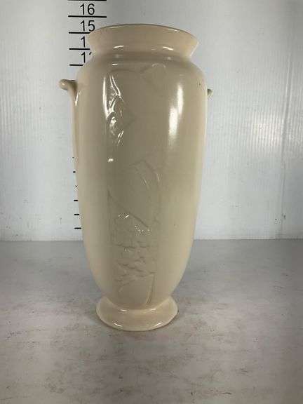 Cream-Colored Ceramic Vase with Embossed Floral Design and Handles ...