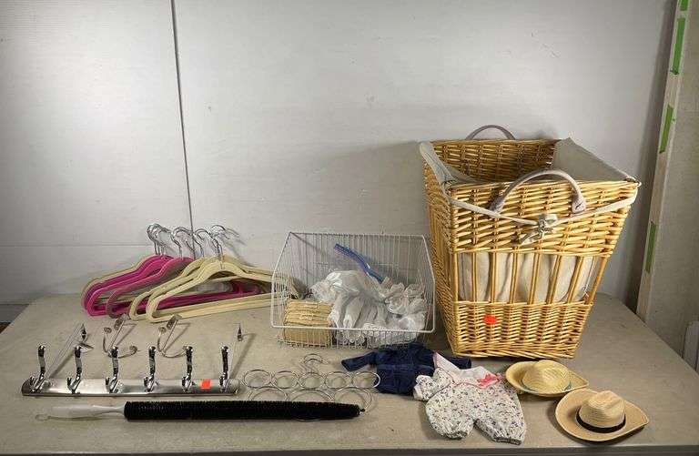 Household Items Including Wicker Laundry Basket On Wheels, Wire Basket ...