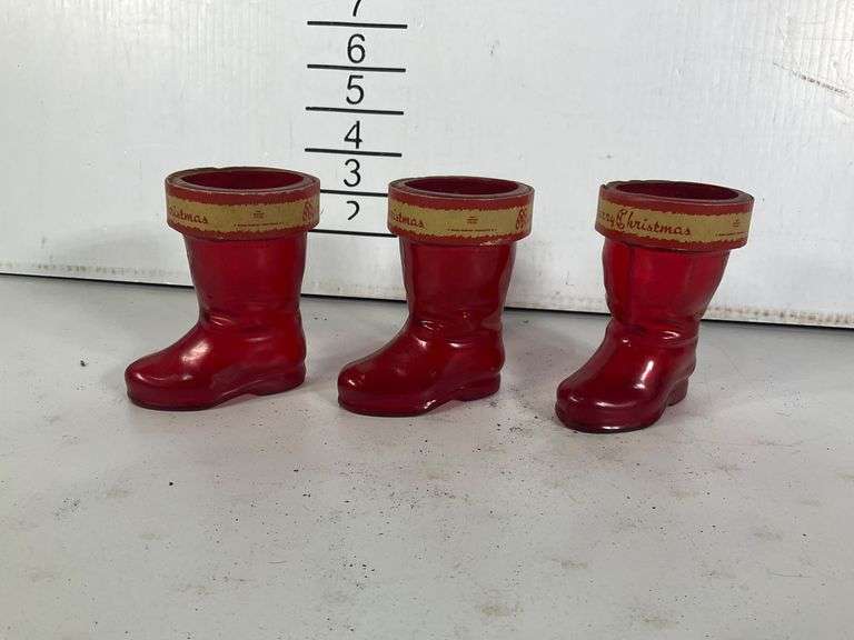 Three Red Plastic Boot-Shaped Containers with ‘Merry Christmas’ Band ...
