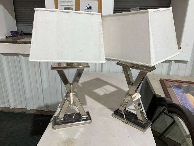 Chrome Table Lamps with White Rectangular Shades and Marble Bases ...
