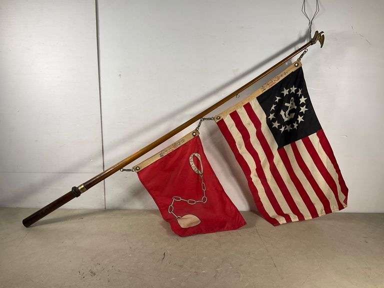 Pool Cue Converted Into Flag Pole with Two Flags and Cast Metal Eagle ...