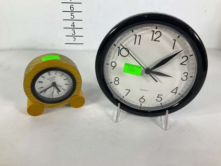 Two Analog Tabletop Clocks: Black Wall Clock and Yellow Desk Clock ...