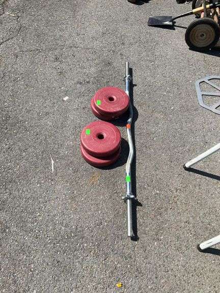 Weight with Bar bell. Four plastic cement filled 10# weights - Hash ...