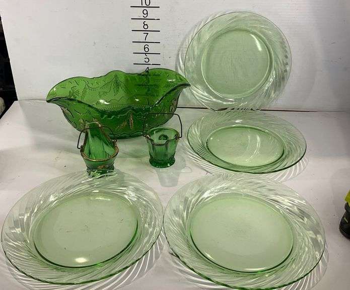 Green Depression Glass Set Featuring Serving Bowl,Pyrex Plates, and ...