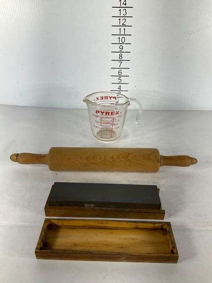 Kitchen and Sharpening Tools Including Pyrex Measuring Cup, Rolling Pin ...
