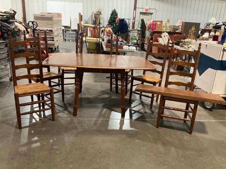 Dining Table with Two Leaves and Six Ladder-Back Chairs with Woven ...