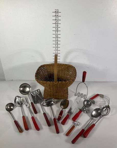 Red-Handled Kitchen Utensils with Woven Basket - Hash Auctions