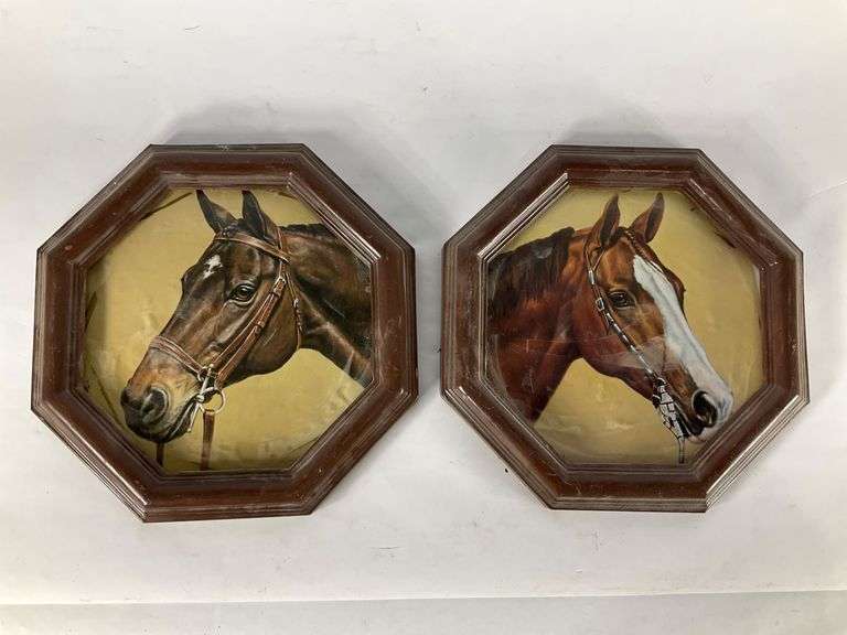 Octagonal Horse Portrait Prints in Brown Frames - Hash Auctions