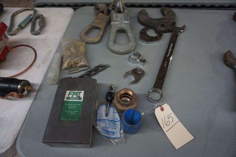 Tbl Lot: Wrench, Spider Wrenches, Pulleys, Drill Bits, Copper Fittings ...