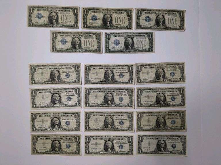 17 Silver Certificate Dollar Bills - H.K. Keller