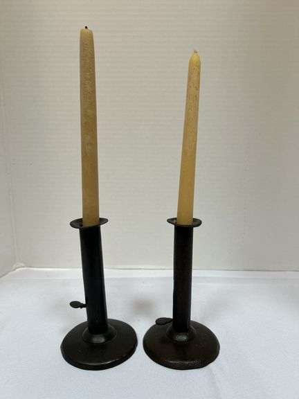 Pair of Antique Hog Scraper Candle Holders and Beeswax Candles - H.K ...