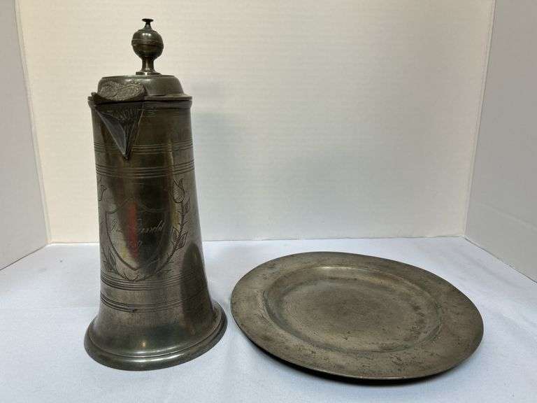 1859 German Pewter Flagon and Antique Pewter Plate - H.K. Keller
