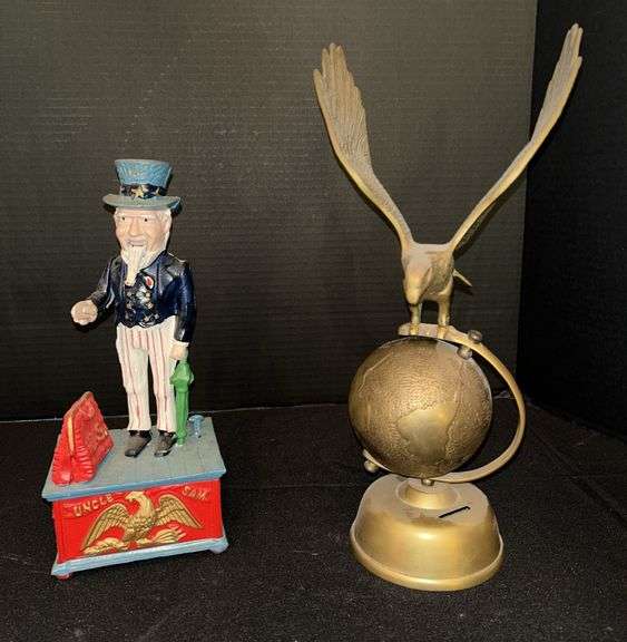 Uncle Sam Reproduction Mechanical Bank and Brass Eagle on Globe Bank ...