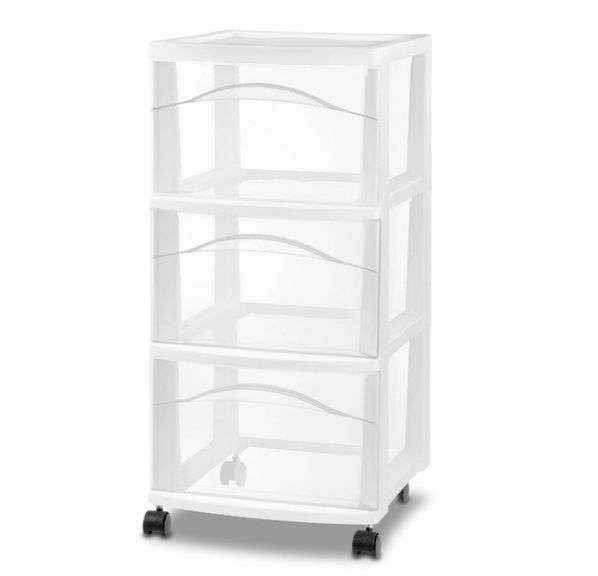 ROOM ESSENTIALS MEDIUM 3 DRAWER CART WHITE WITH CLEAR DRAWERS & WHEELS ...