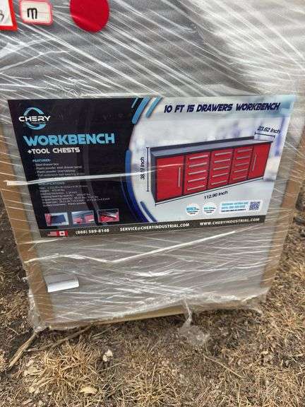 NEW 9.5 FT WIDE WORK BENCH W/ 15 DRAWERS, 2 DOORS - Hoge Auctioneering LLC