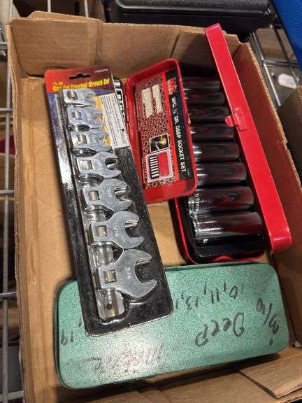 FLAT--3 MISC DEEP SOCKET SETS, PITTSBURG 7-PC STANDARD CROW FOOT WRENCH ...