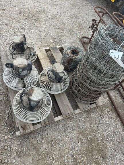 PALLET--BARB WIRE, FANS, ROLL OF WIRE - Hoge Auctioneering LLC