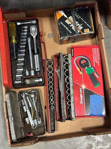 Flat w/ misc socket sets, some Snap-On & Mac, Snap-On digital tire ...