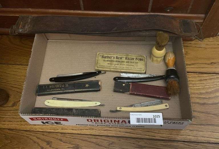 Straight razors, some w/ boxes, razor hone, shaving brushes, leather ...